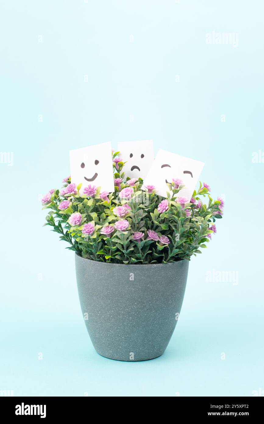 Happy smiling face, sad faces, growing from flower pot, mental health ...