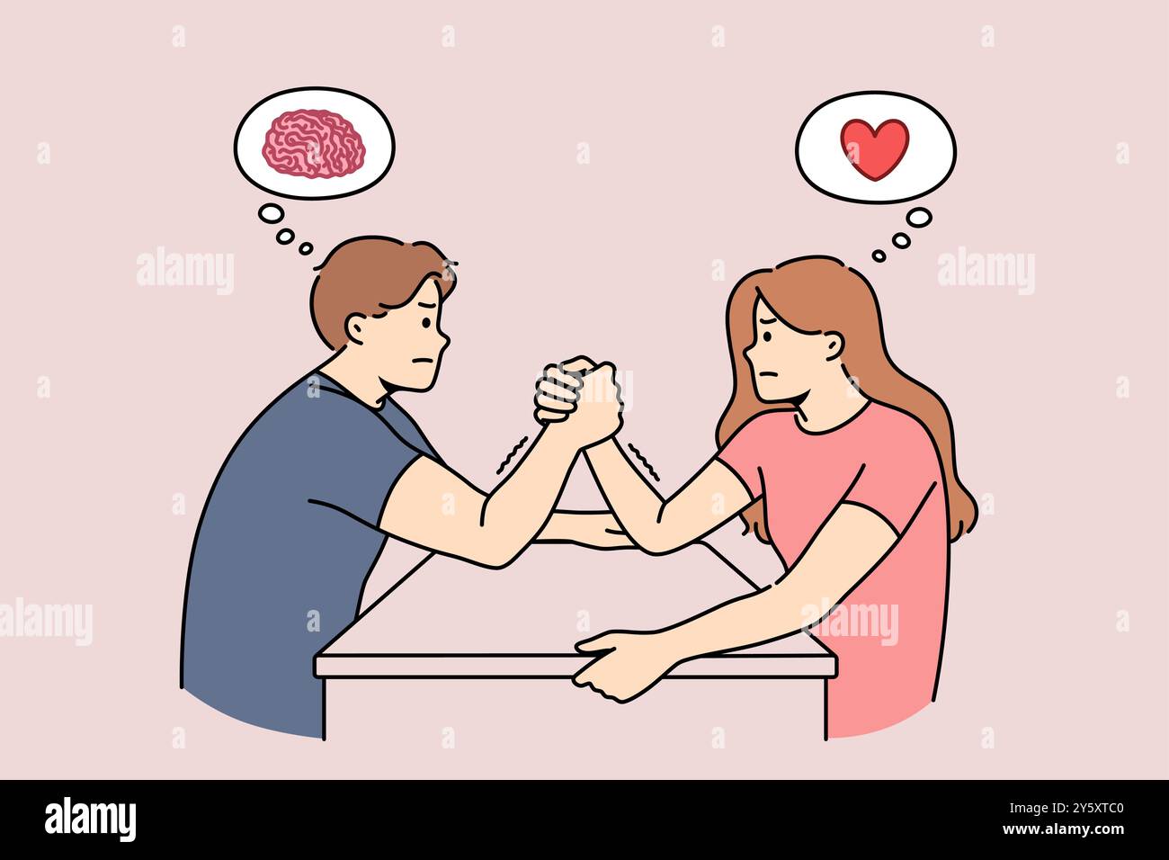 Gender conflict between man and woman engaged in arm wrestling, and ...