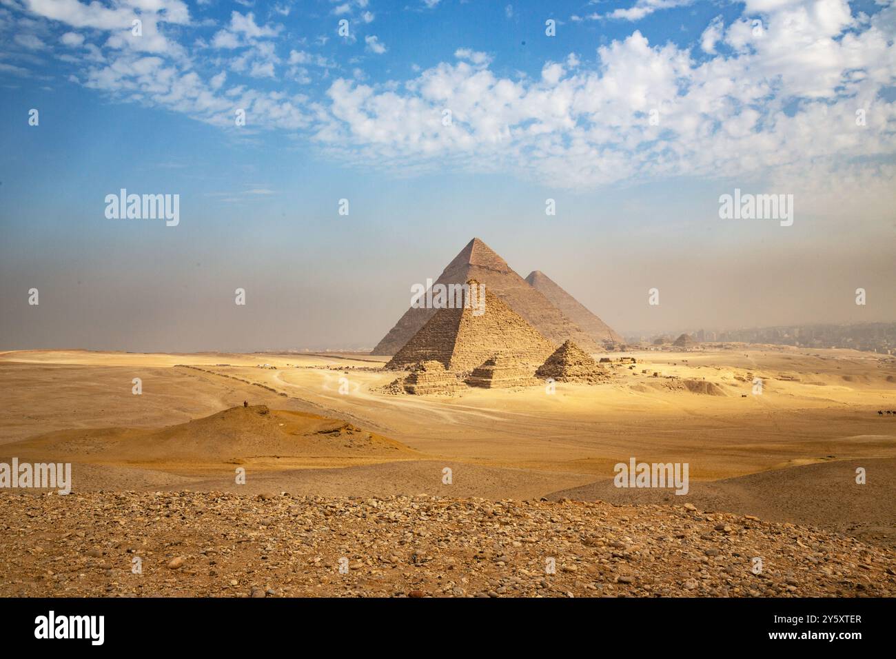 Egypt. Cairo - Giza. General view of pyramids from the Giza Plateau (three pyramids known as ...