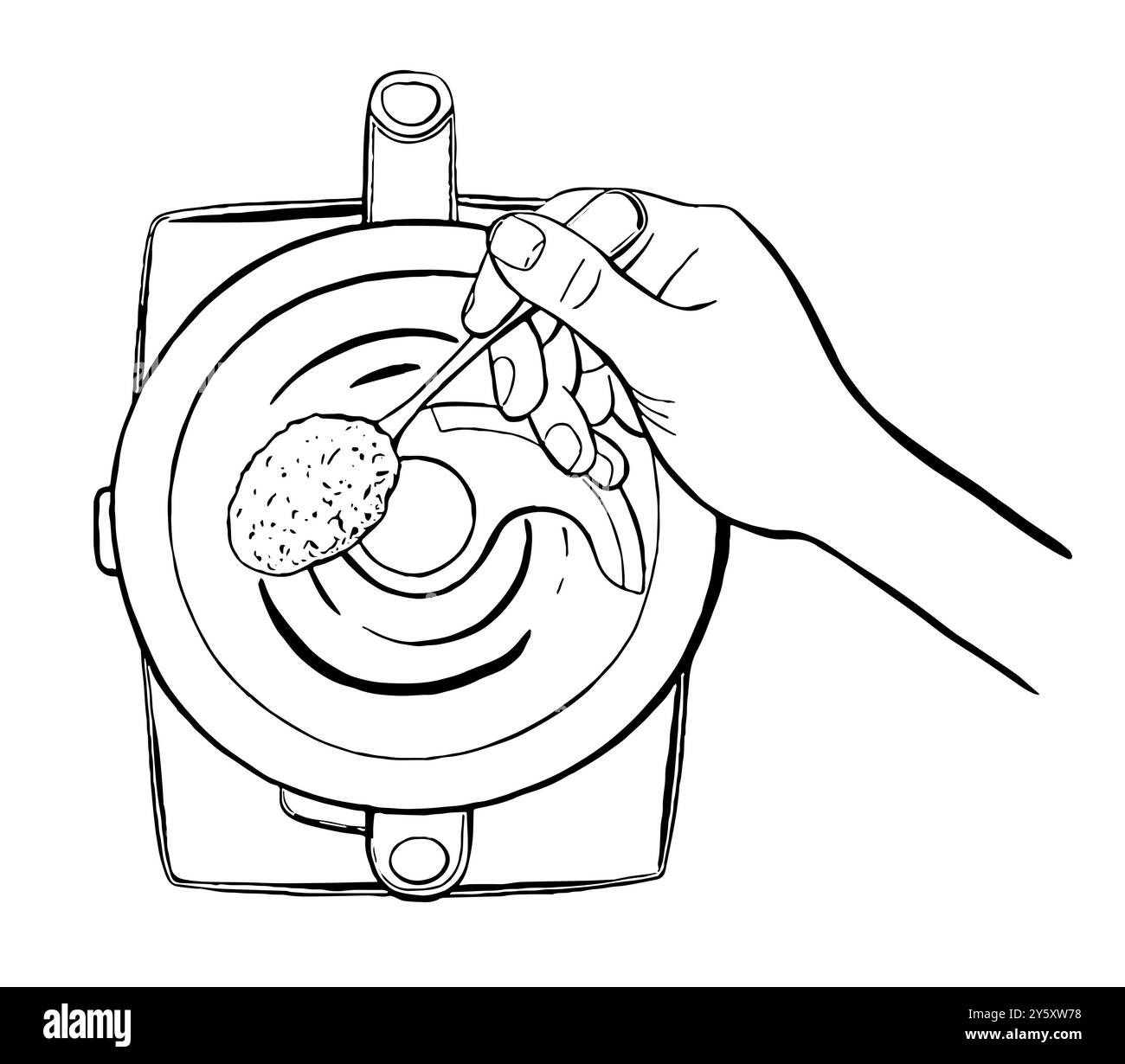 Sketch of a chef s hand adding ingredients to a blender with a spoon ...