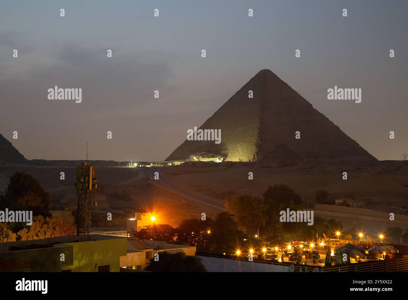 The Great Pyramid complex enlighted at night, Giza, Egypt Stock Photo ...