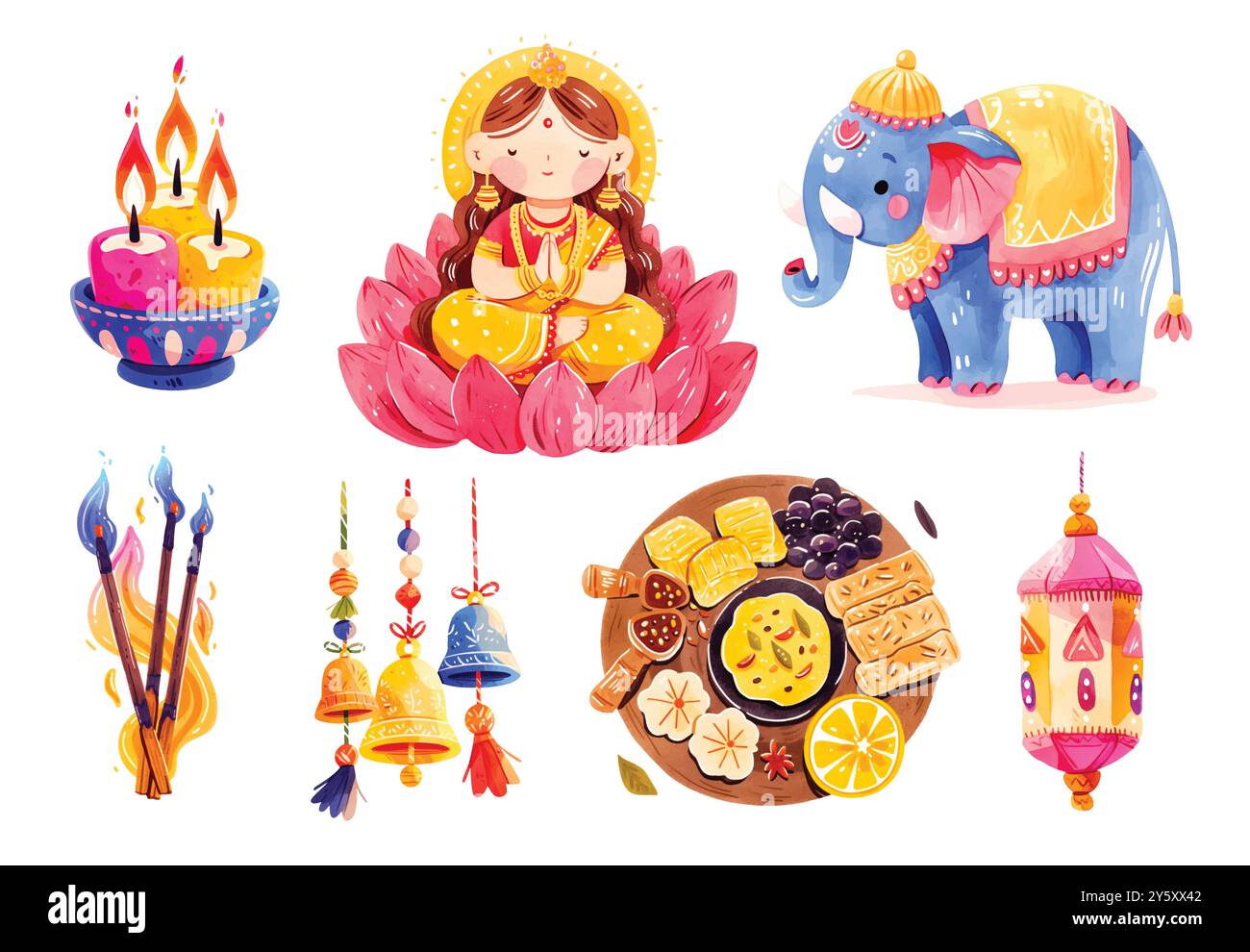 Diwali clipart Set. Watercolor illustration of Diwali symbols and ...