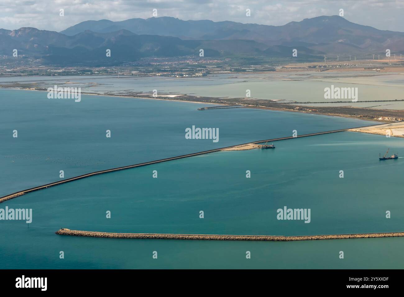 Aerial view of beaches, ponds and salt pans around Cagliari, Italy ...