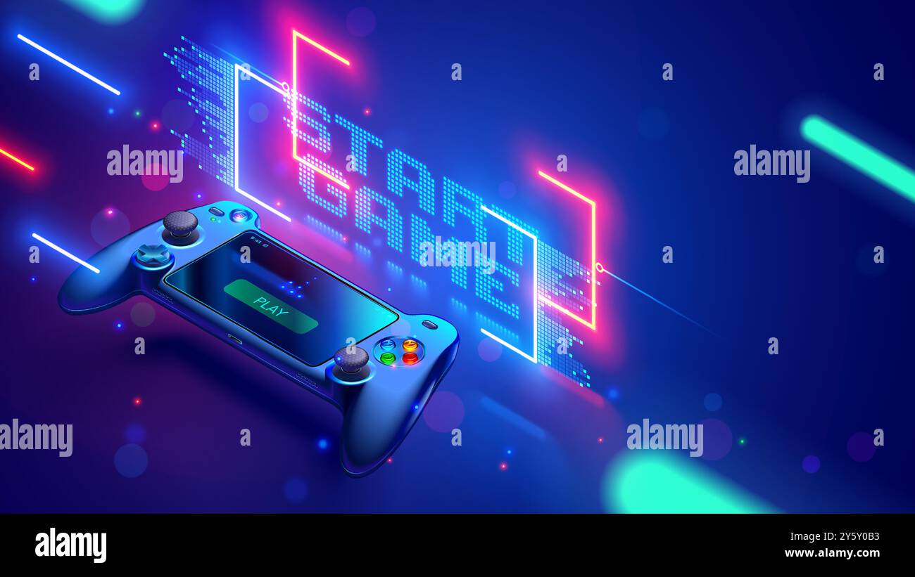 Abstract portable gaming console with banner Start Game. Mobile gaming console with screen ...