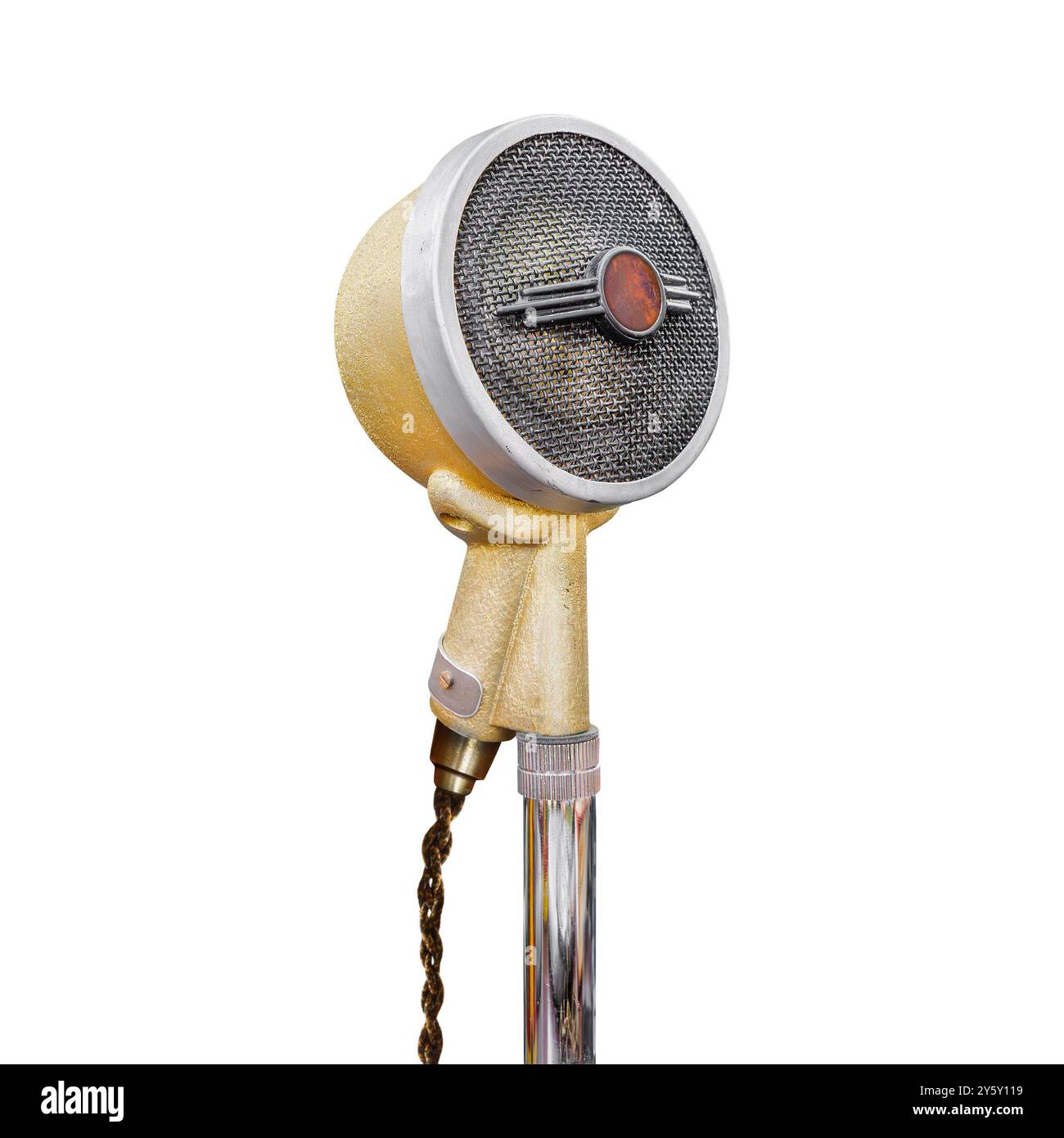 Authentic vintage audio microphone on stand isolated on a white ...