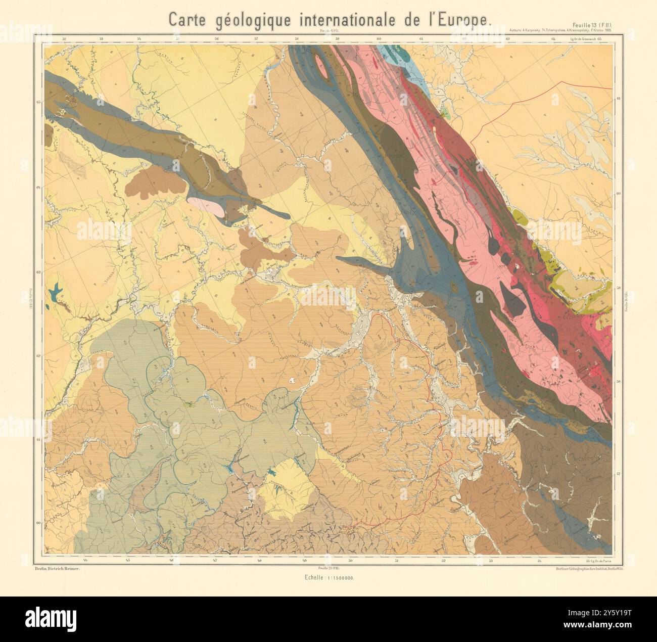 Geological map Ural Mountains, Russia. Perm & Komi. BEYSCHLAG 1909 old ...
