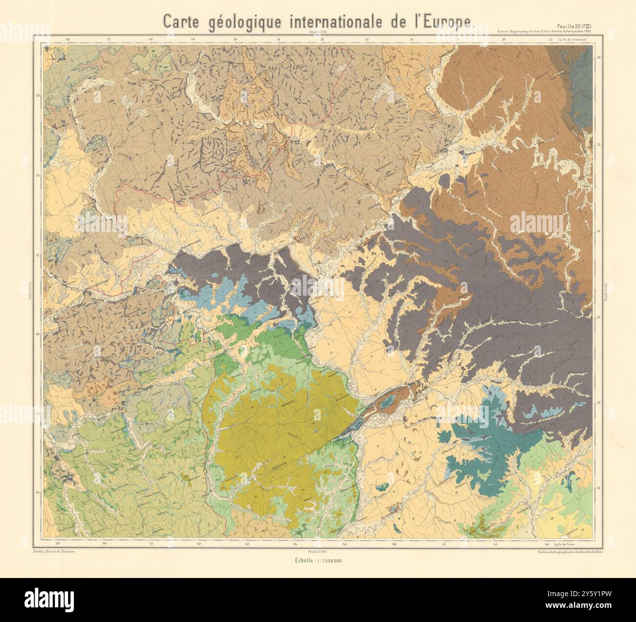 Geological map Russia - Volga region. BEYSCHLAG 1909 old antique chart ...