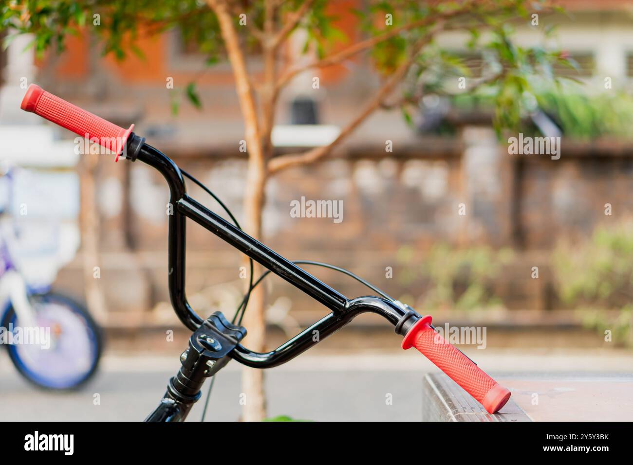 A close-up image of bicycle handlebars with bright red grips set in an ...