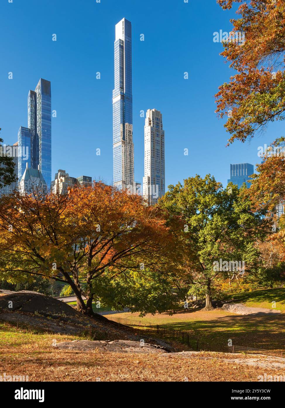 Central Park in Fall with view of supertall skyscrapers of Billionaires ...