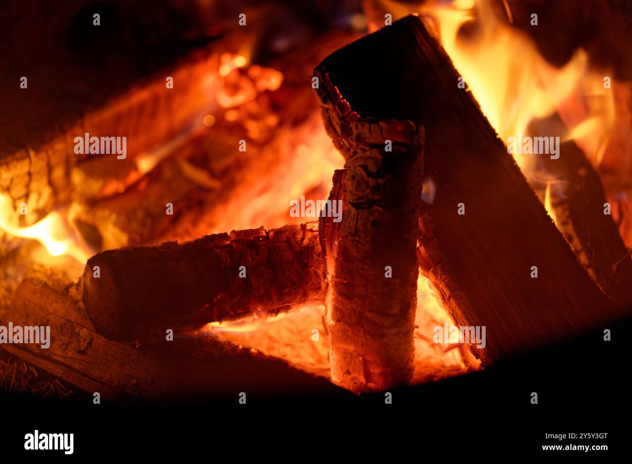 A close shot of a campfire at night, with active dancing flames and ...