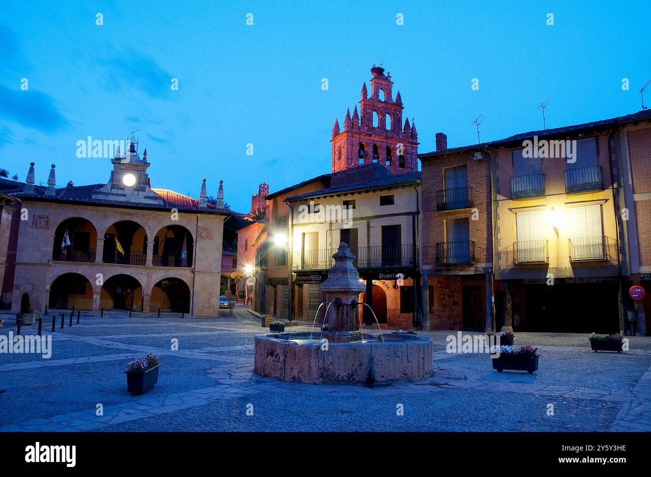 Main Square, night view. Ayllon, Segovia province, Castilla Leon. Spain ...