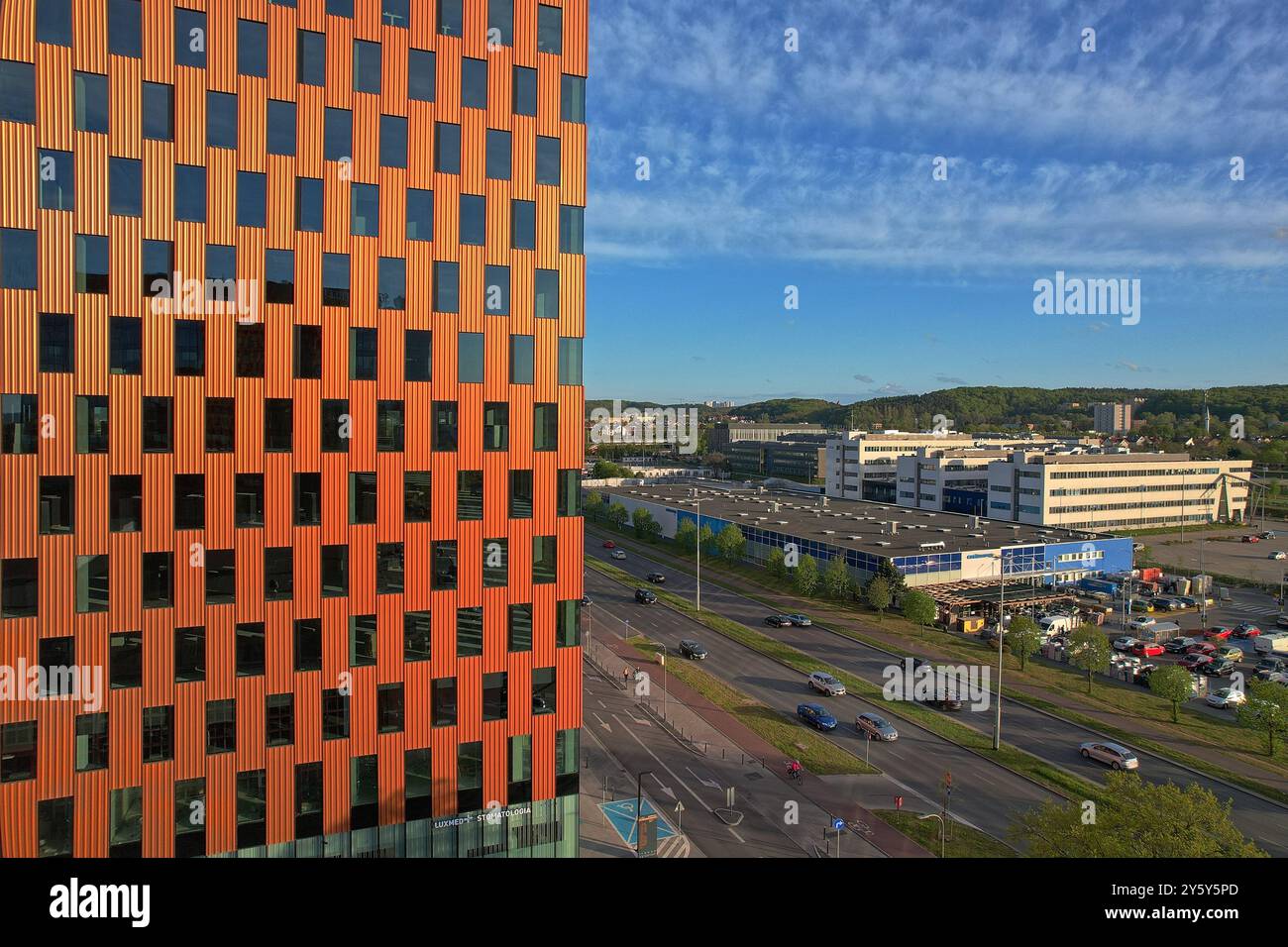 aerial view, blue sky, business district, business hub, busy streets ...