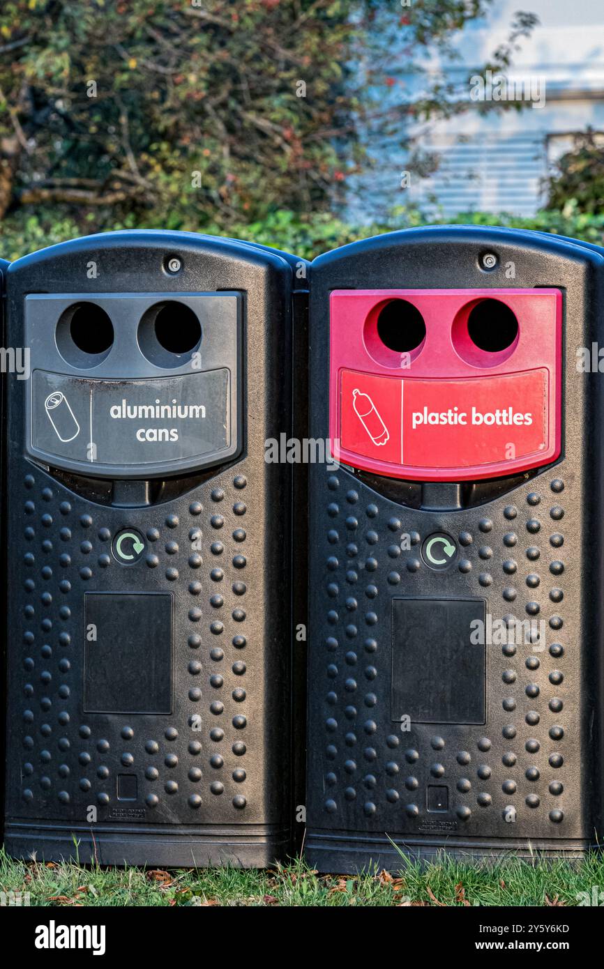 Recycling and general waste collection bins in a rural location. Credit ...