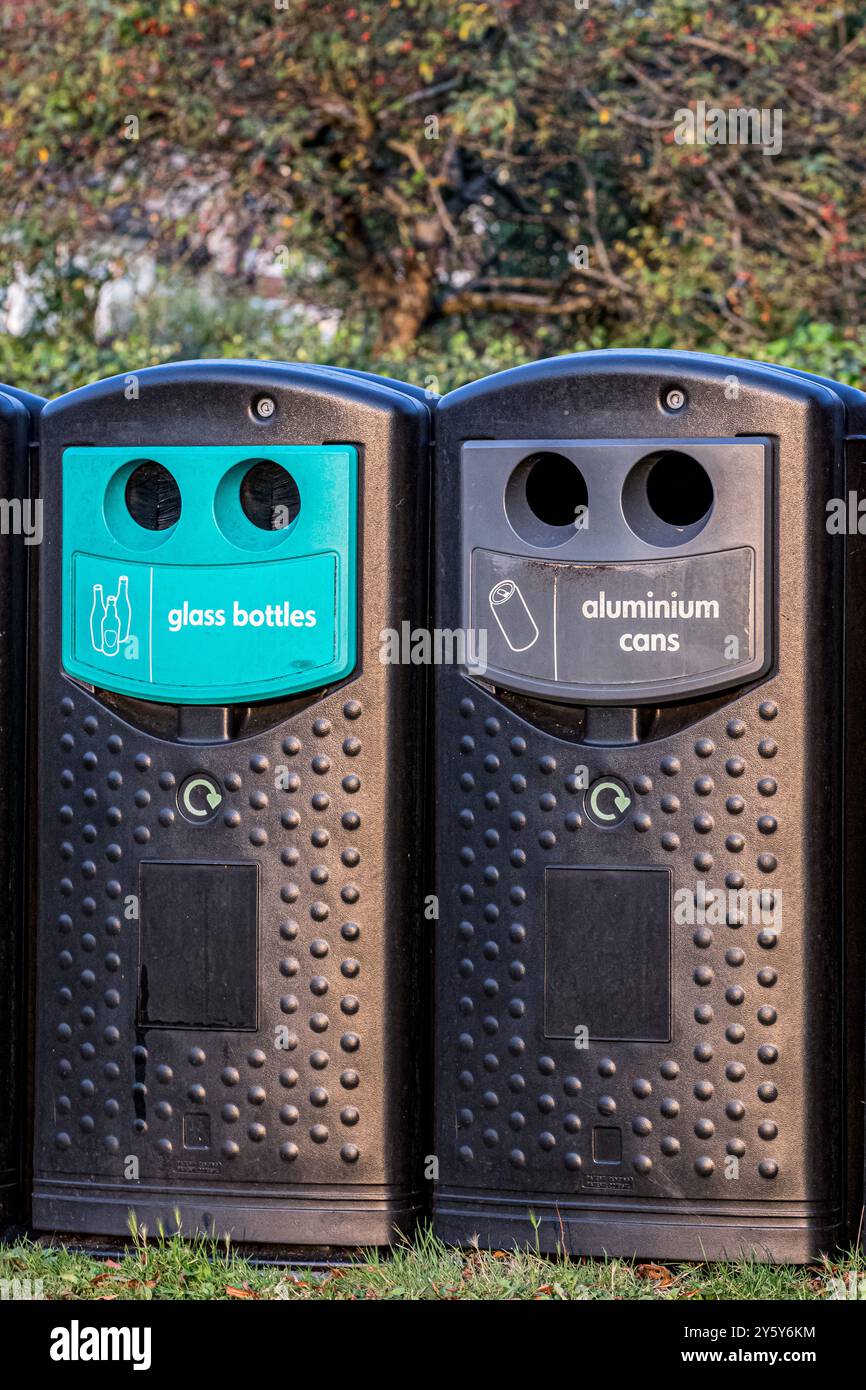 Recycling and general waste collection bins in a rural location. Credit ...