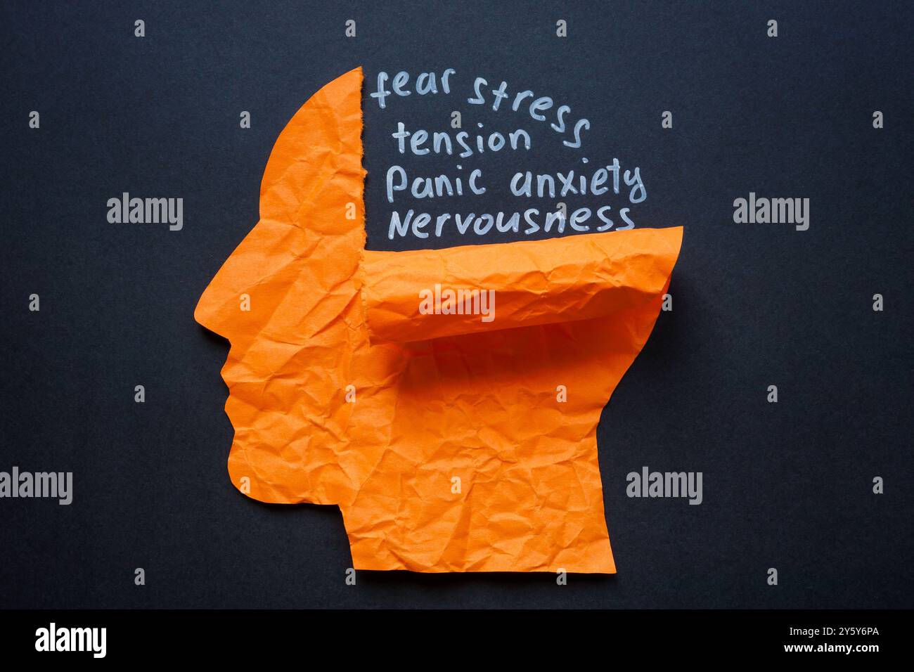 Torn paper head and the words fear stress and anxiety. Represents ...