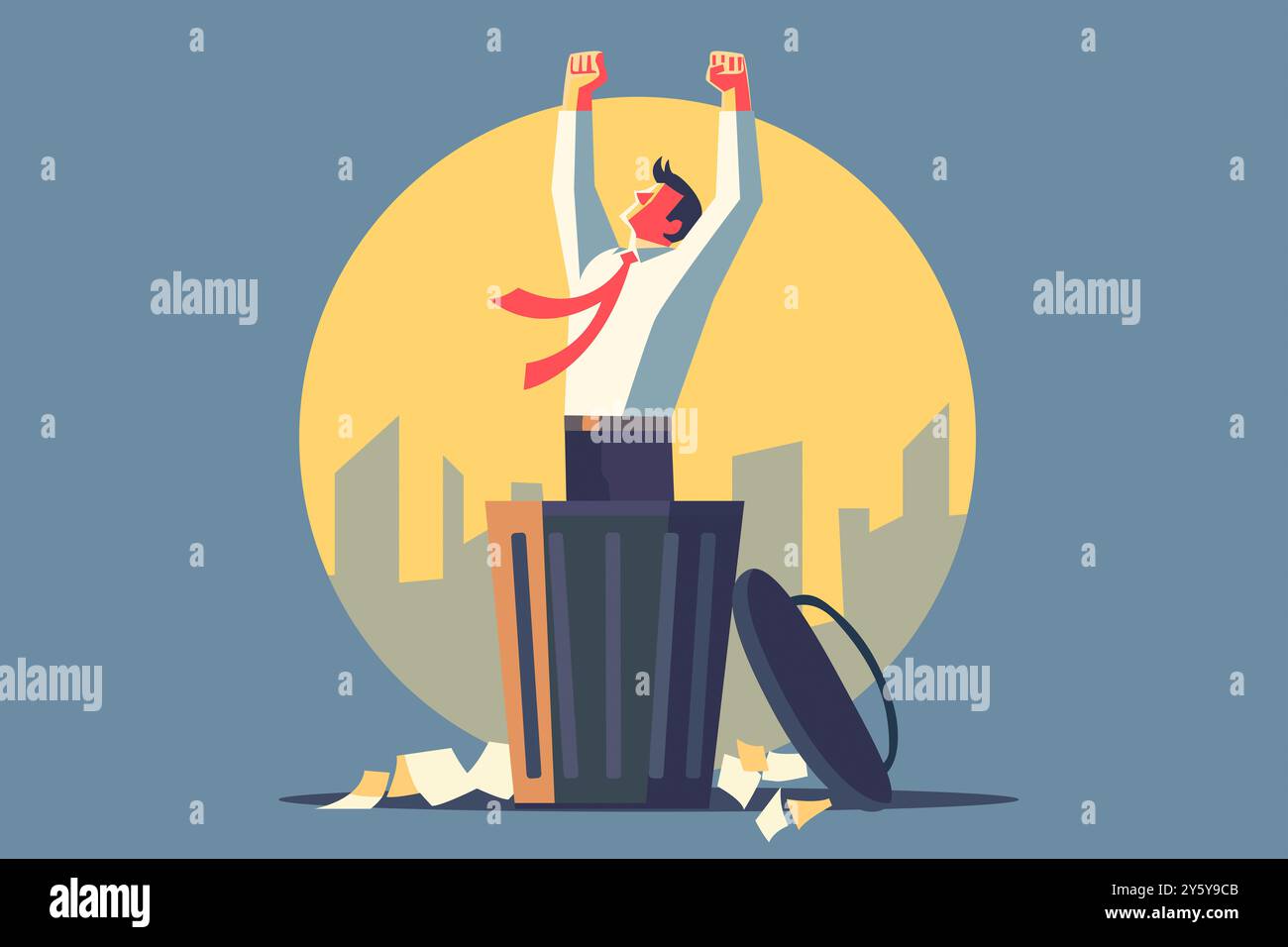 happy success businessman. come out from trash bin. positive vibe ...