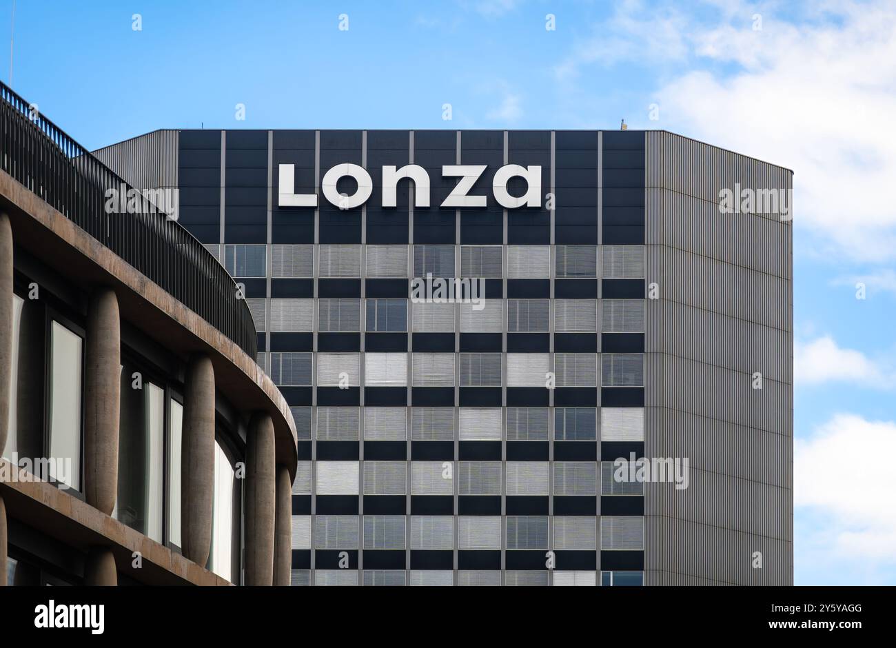 Basel, Switzerland - April 20, 2024: Lonza Group is a Swiss multinational, chemicals and ...
