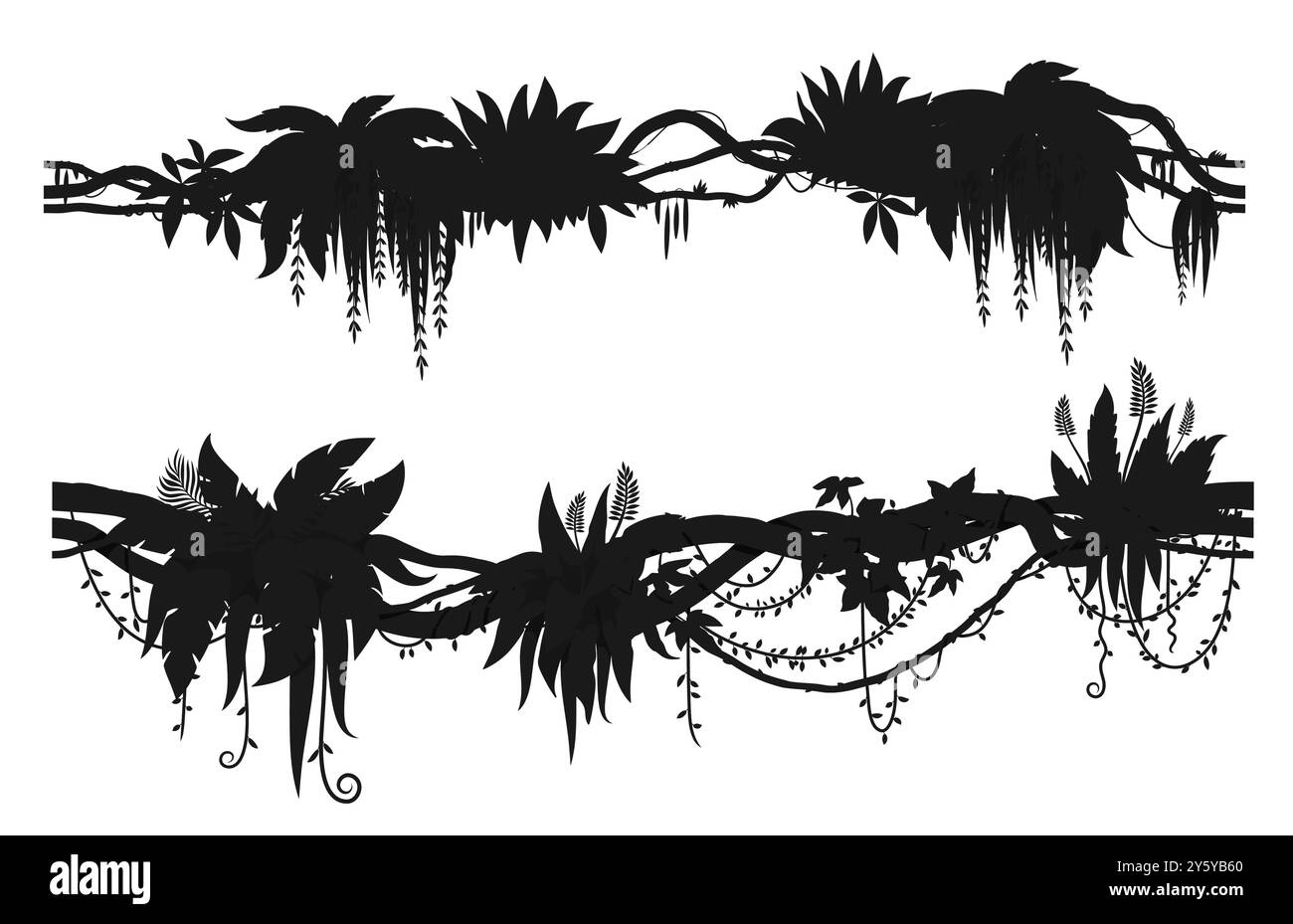 Tropical jungle forest liana branch silhouettes. Vector black vines and ...