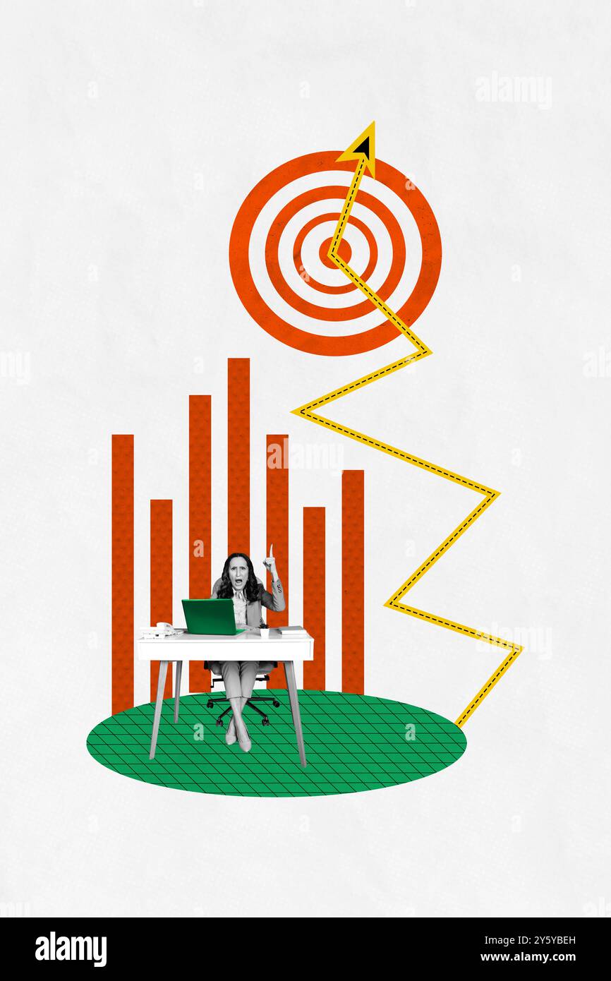 Vertical photo collage of strict businesswoman sit office laptop chart development arrow target ...