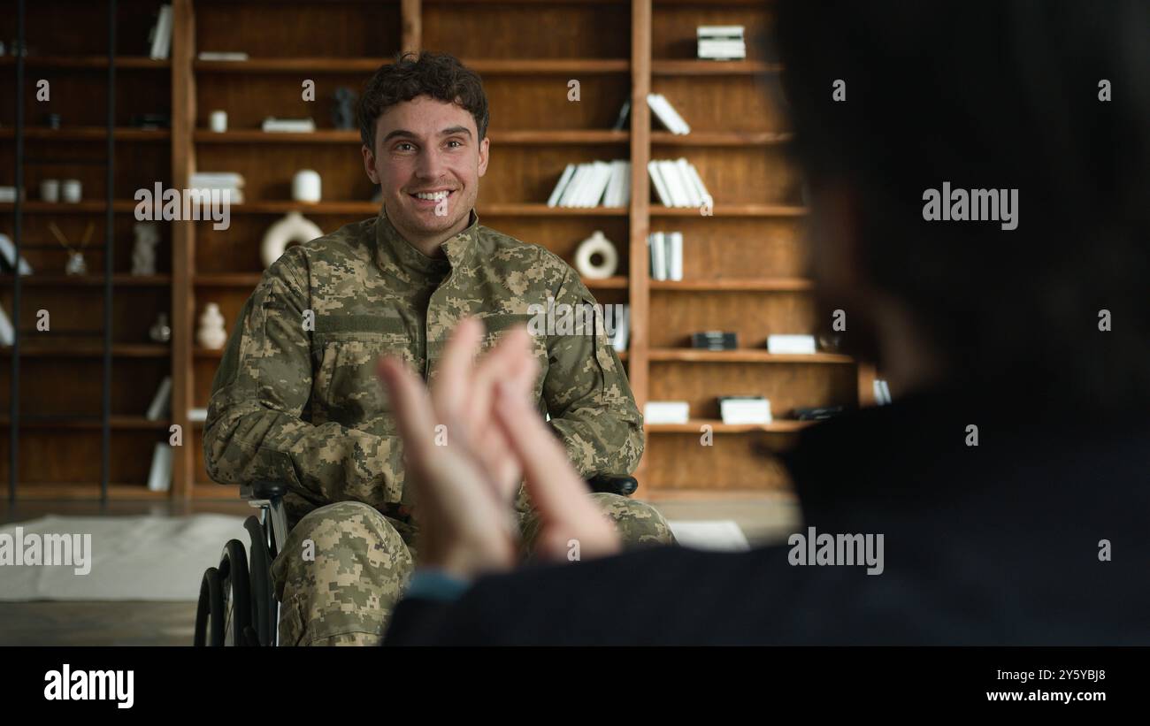 Smiling happy Caucasian male officer in camouflage combat uniform man ...