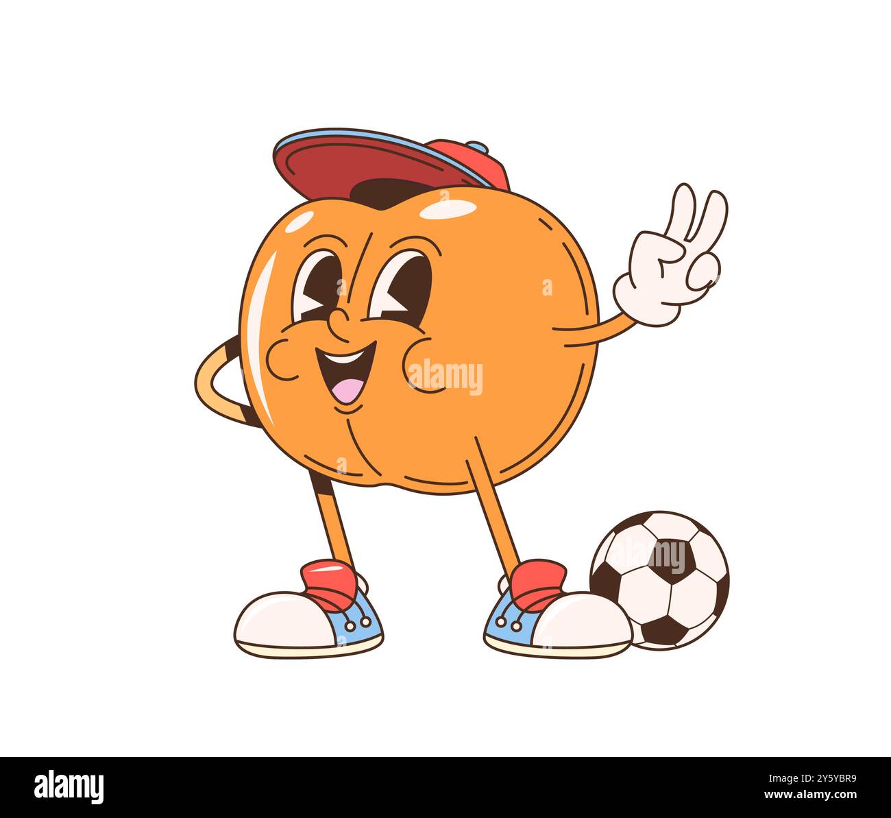 Retro cartoon groovy peach fruit character with soccer ball, showing ...