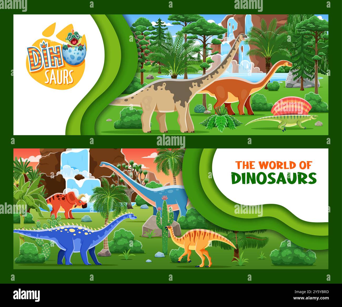 Paper cut banners with dinosaurs in jungle forest. Cartoon cute dino ...