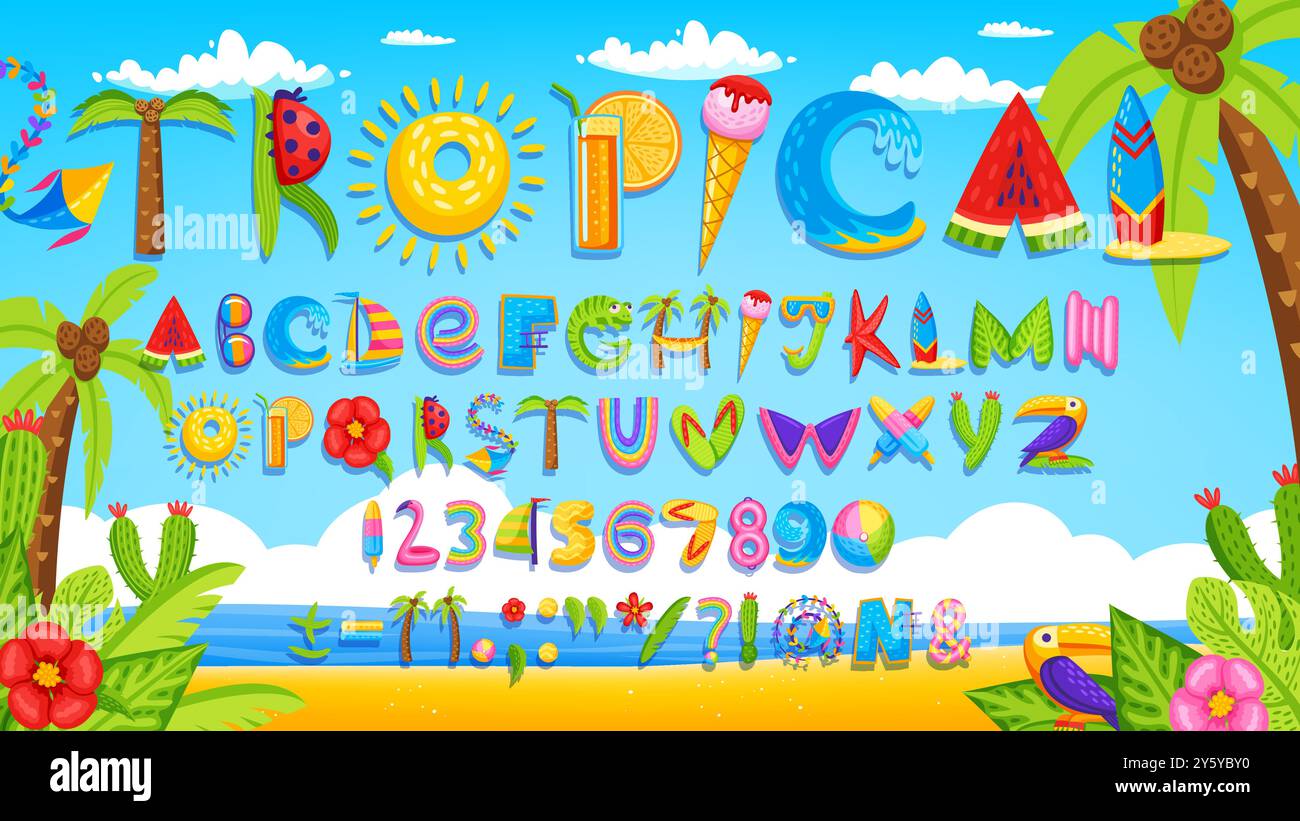 Cartoon summer font, tropical vacation typeface, beach party type ...