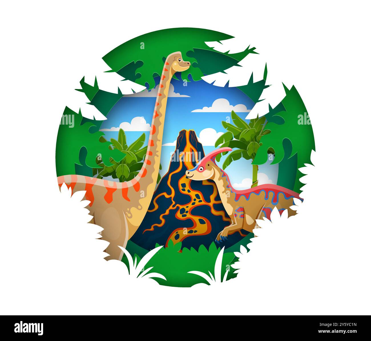 Paper cut prehistoric landscape with volcano and dinosaurs. 3d vector ...