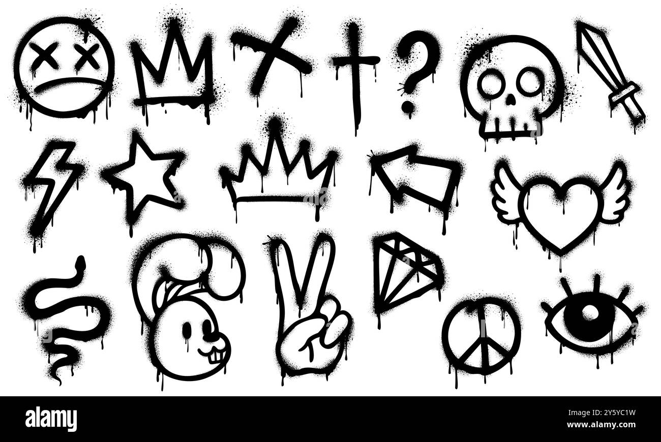 Graffiti spray paint, grunge ink elements of vector street art. Black ...