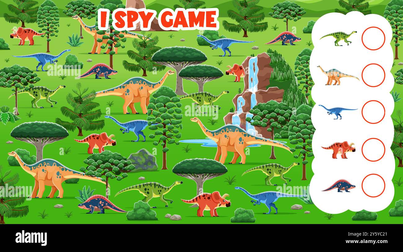 I spy game worksheet with prehistoric dinosaurs, cartoon vector puzzle ...