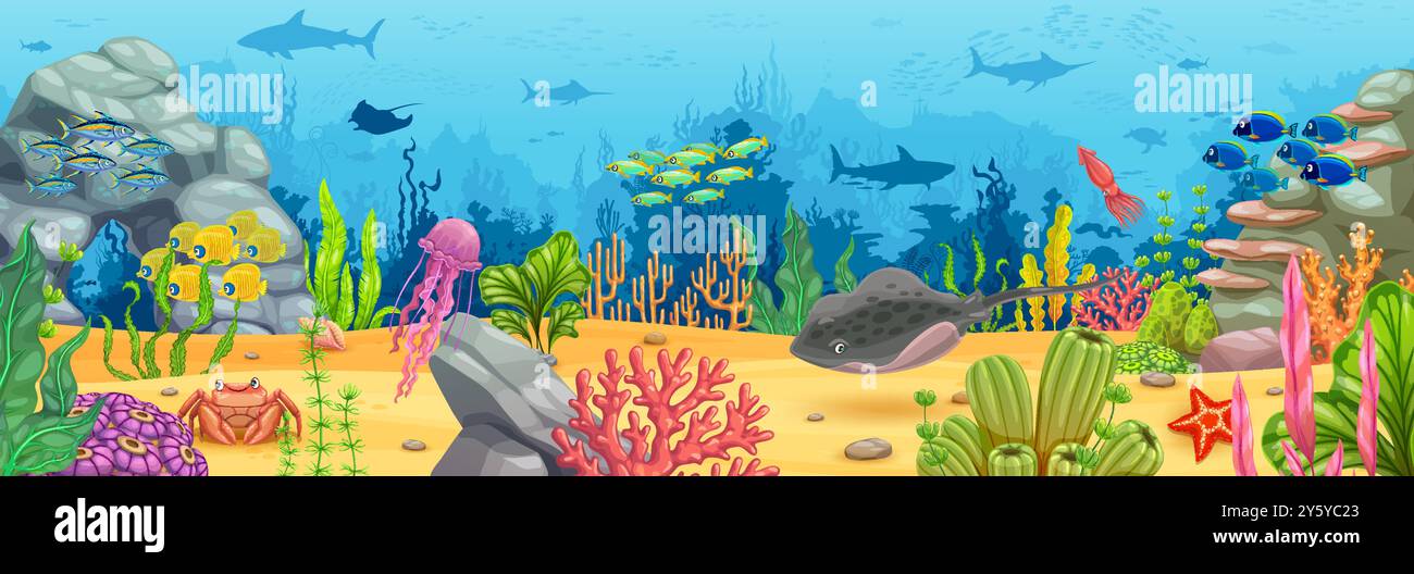 Cartoon underwater game map landscape with sea plants and animals ...