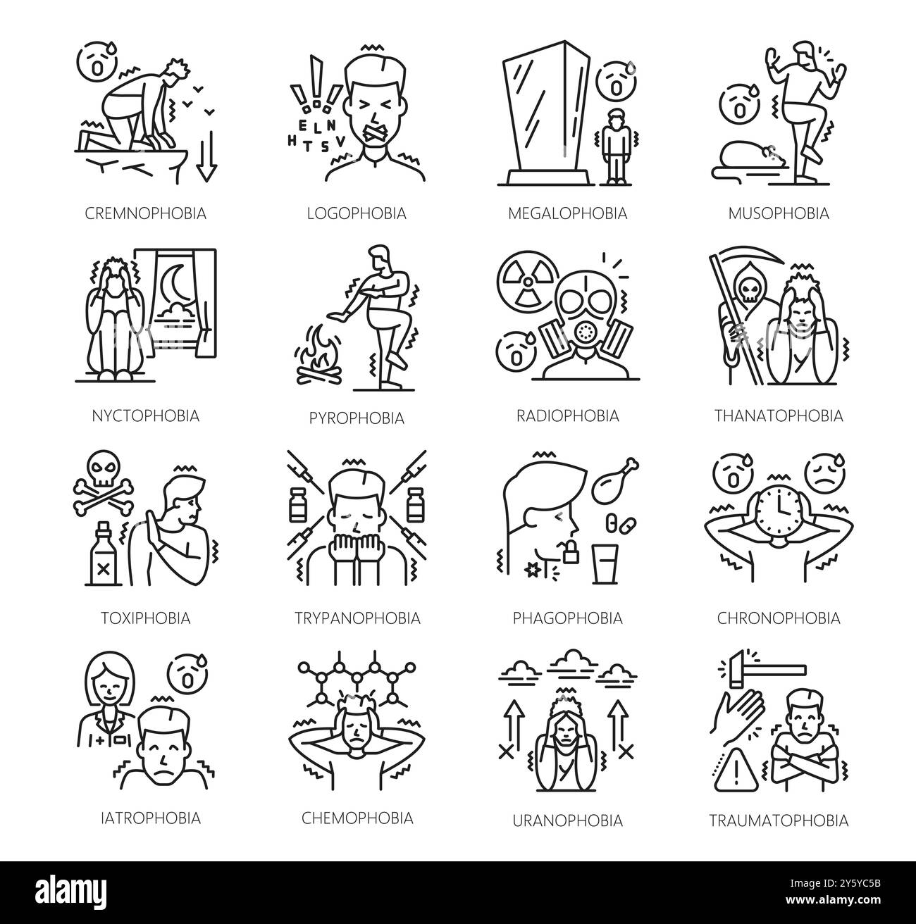 Psychology problems, human phobia icons, mental health vector outline ...