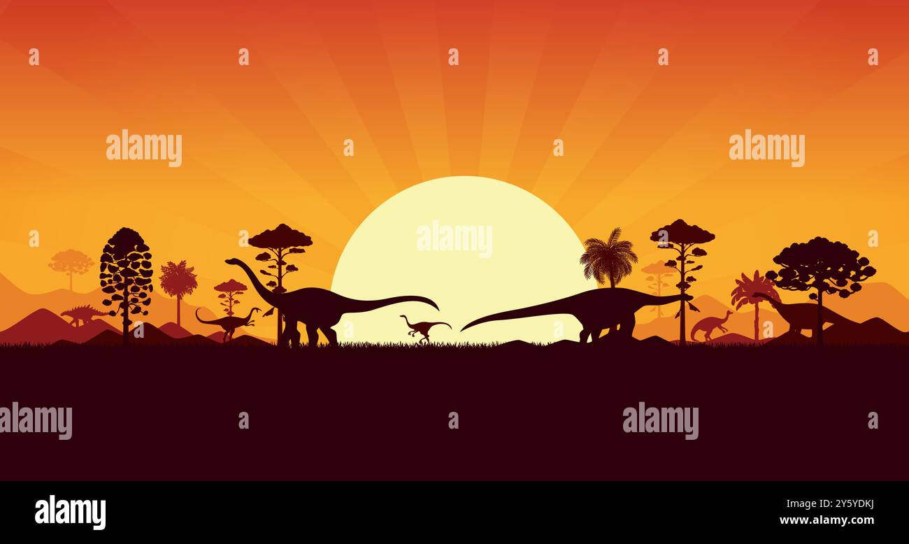 Dinosaurs silhouettes on sunset prehistoric landscape with palm trees ...