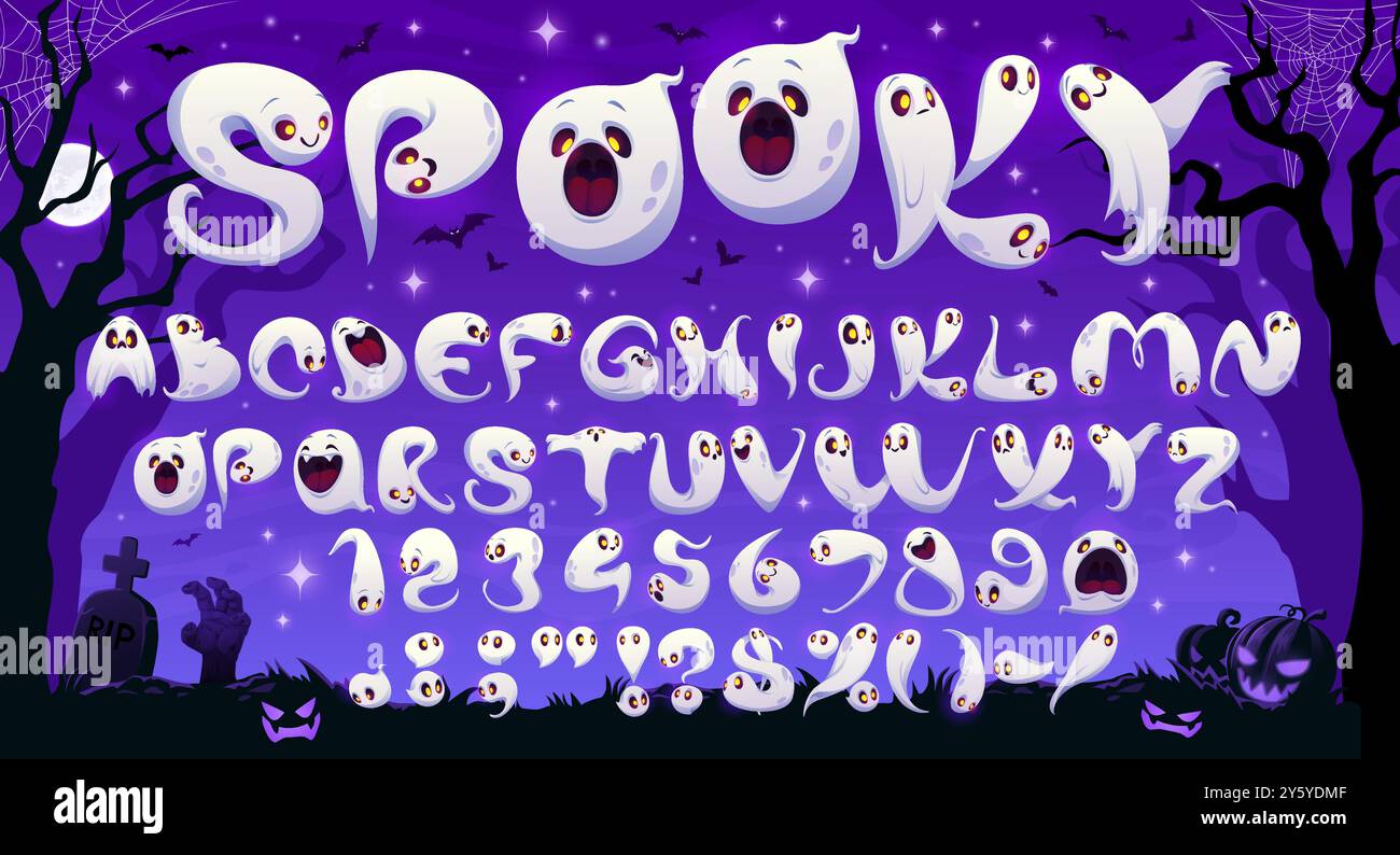 Cartoon Halloween ghosts font, spooky scary typeface, horror evil type ...