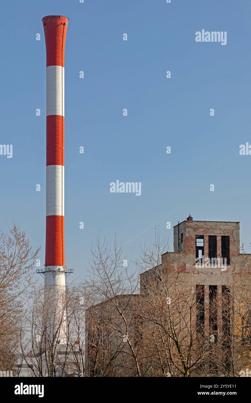 Tall Red and White Chimney at Thermal Power Plant Industrial Building ...