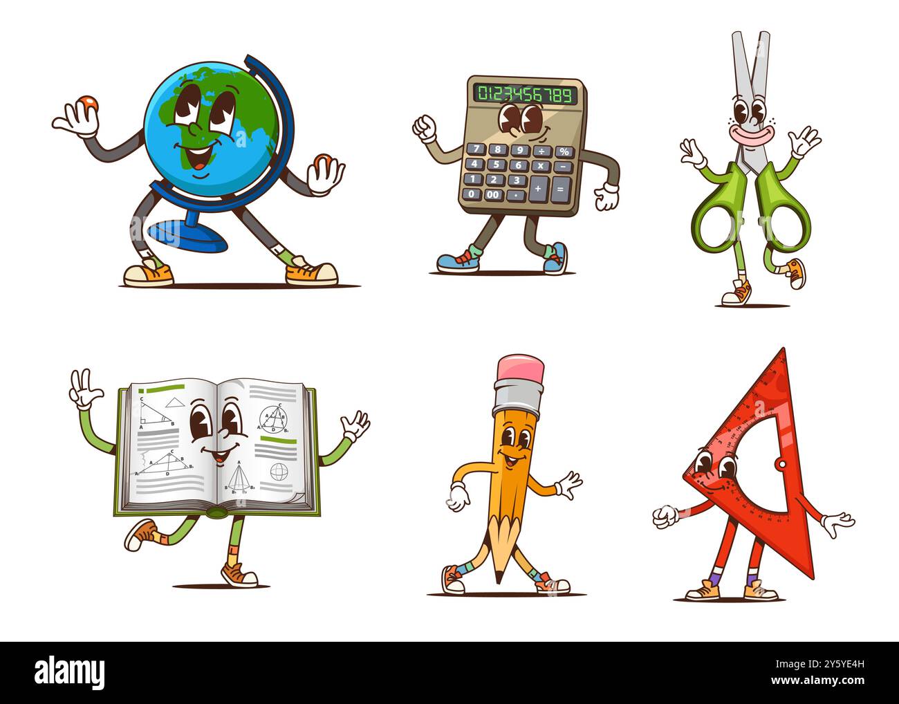 Cartoon groovy school characters of education stationery and student ...