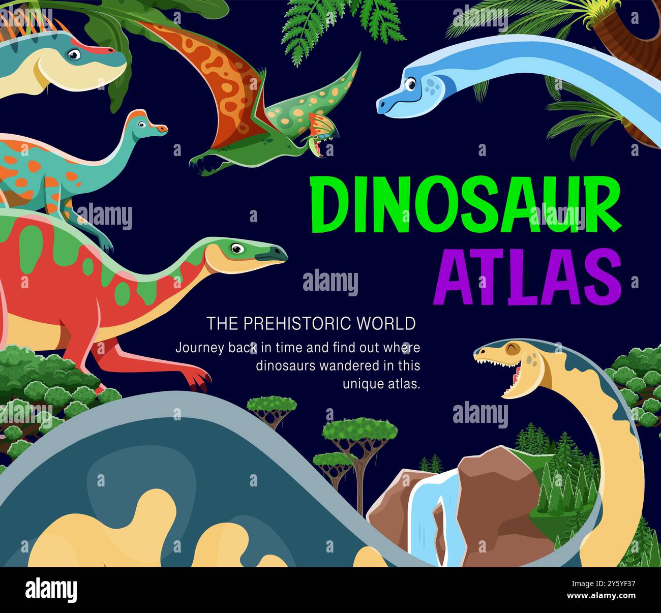 Prehistoric dinosaurs atlas book cover with Jurassic era lizards ...