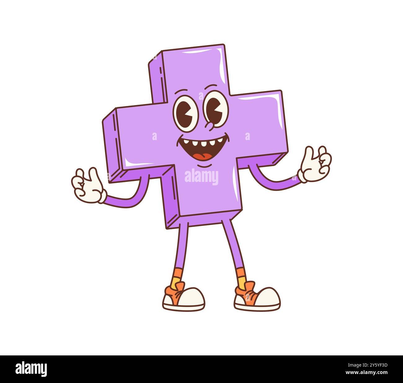 Cartoon groovy math figure of plus sign character with funky face ...