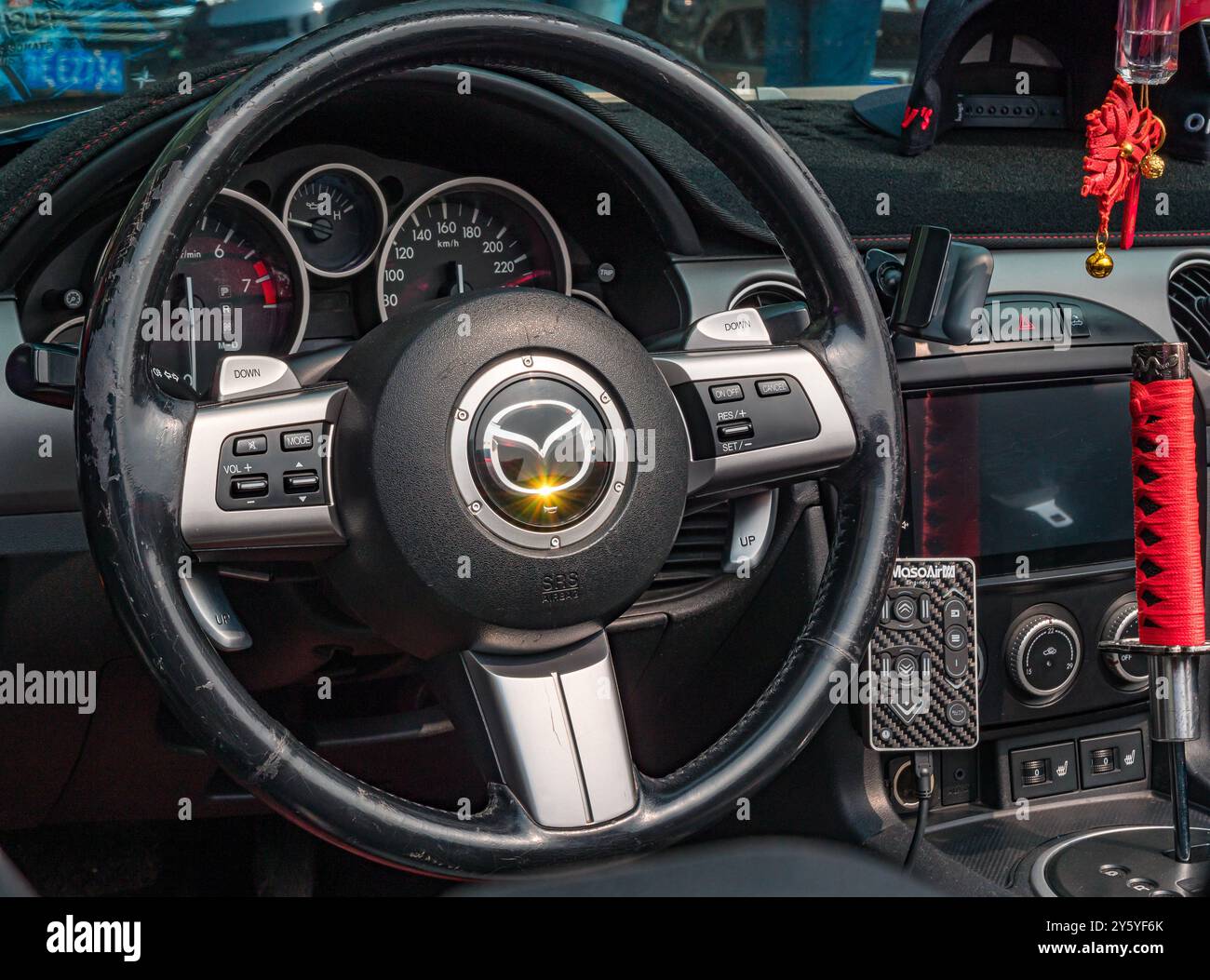 Suzhou, China - March 30, 2019: A close-up view of a modified Mazda car ...