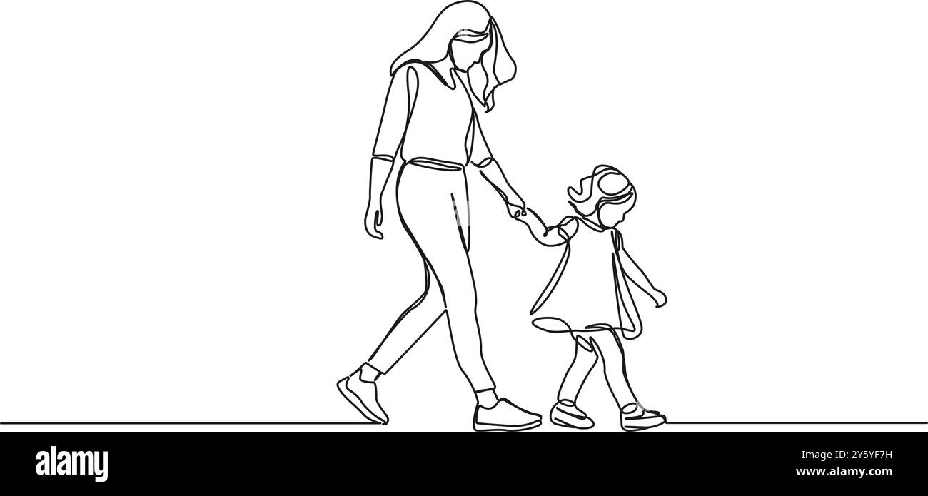 continuous single line drawing of mother and young daughter walking ...