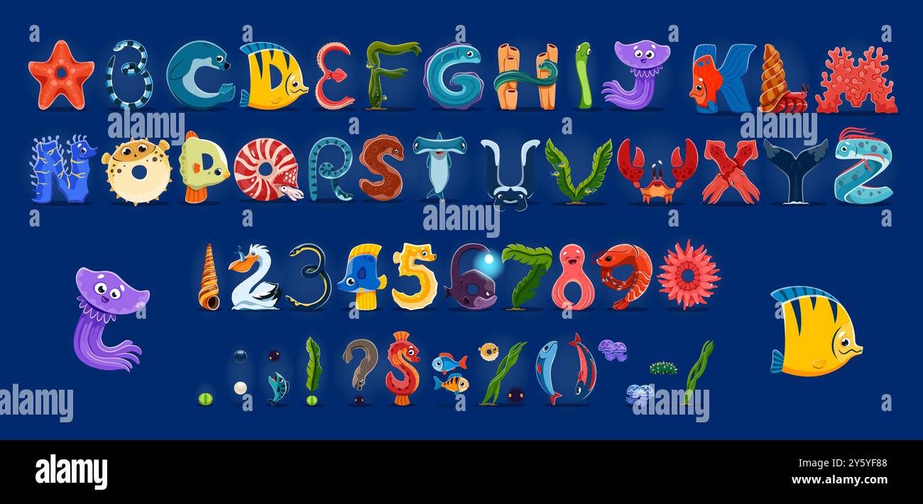 Sea animal alphabet, underwater font, ocean type. Cartoon funny english ...