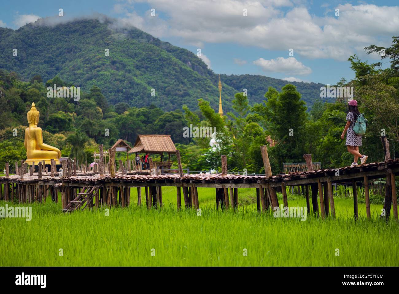 Tourist woman visiting the Na Khuha temple in the middle of rice field ...