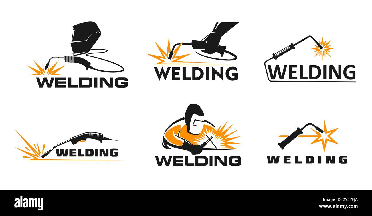 Weld icons, welders with metal work tools, sparks, welding torches ...