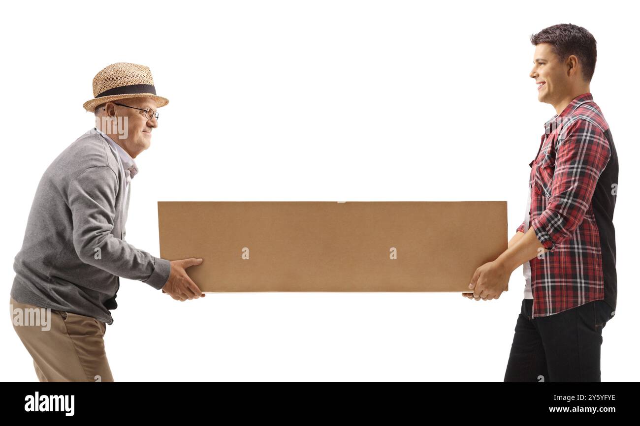 Young and older man carrying a cardboard box isolated on white ...