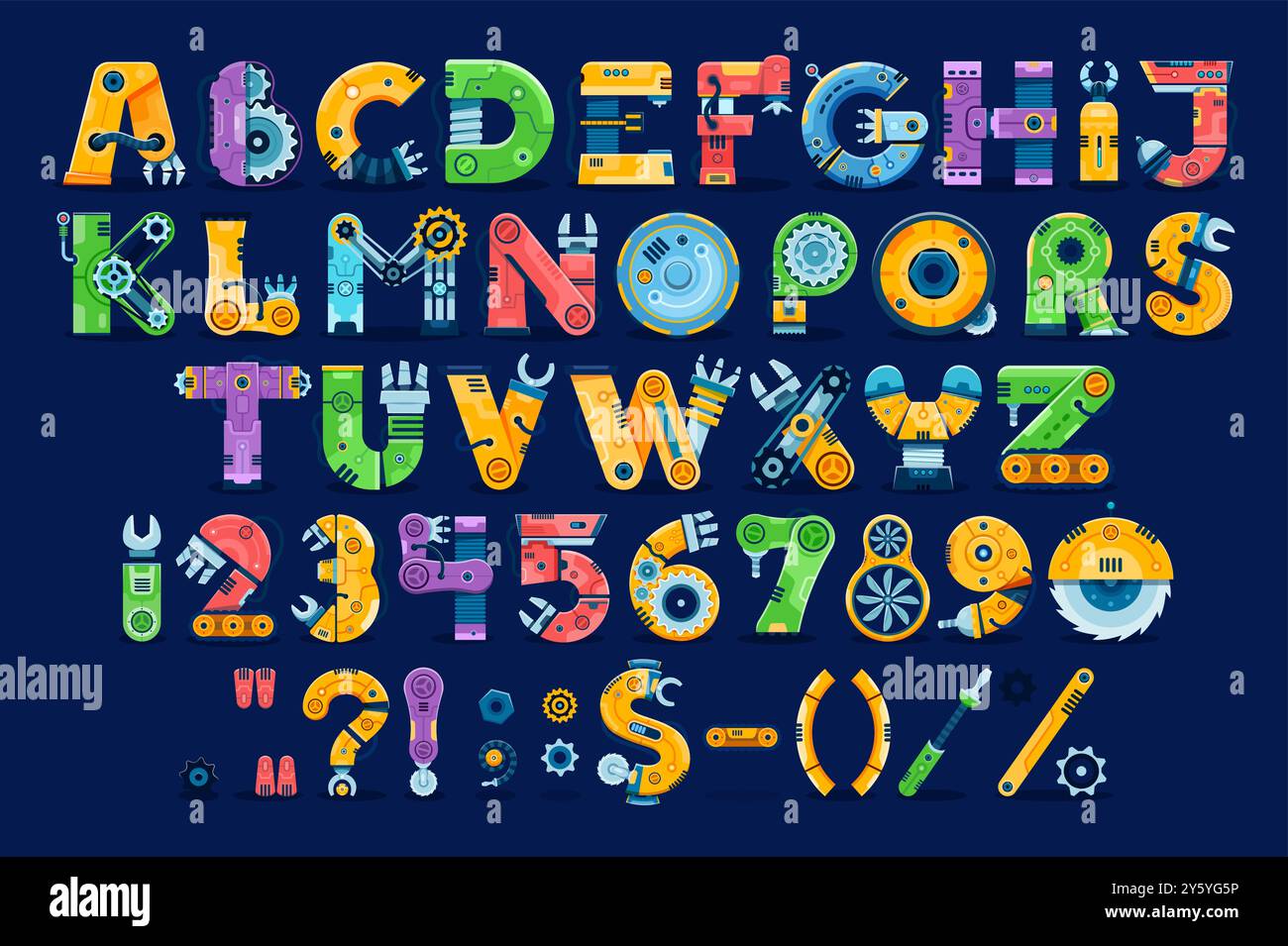 Robot machine font, gear wheel typeface, mechanical engineering type ...