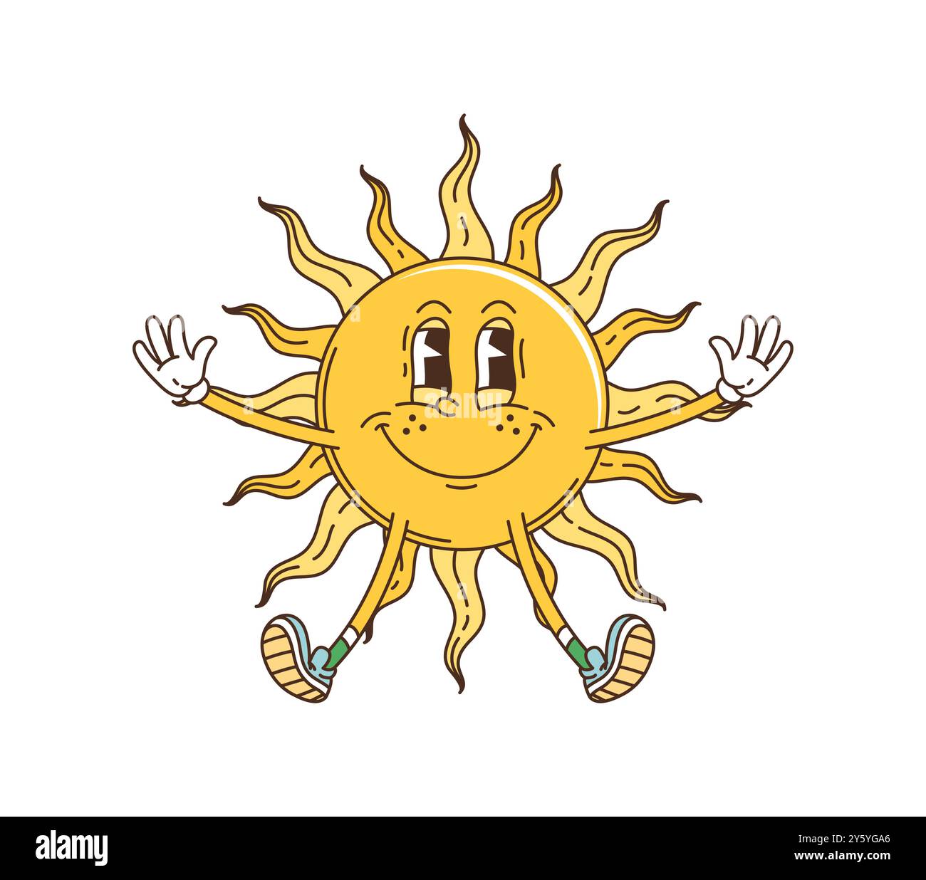 Cartoon groovy sun character with happy funky face, vector retro space ...