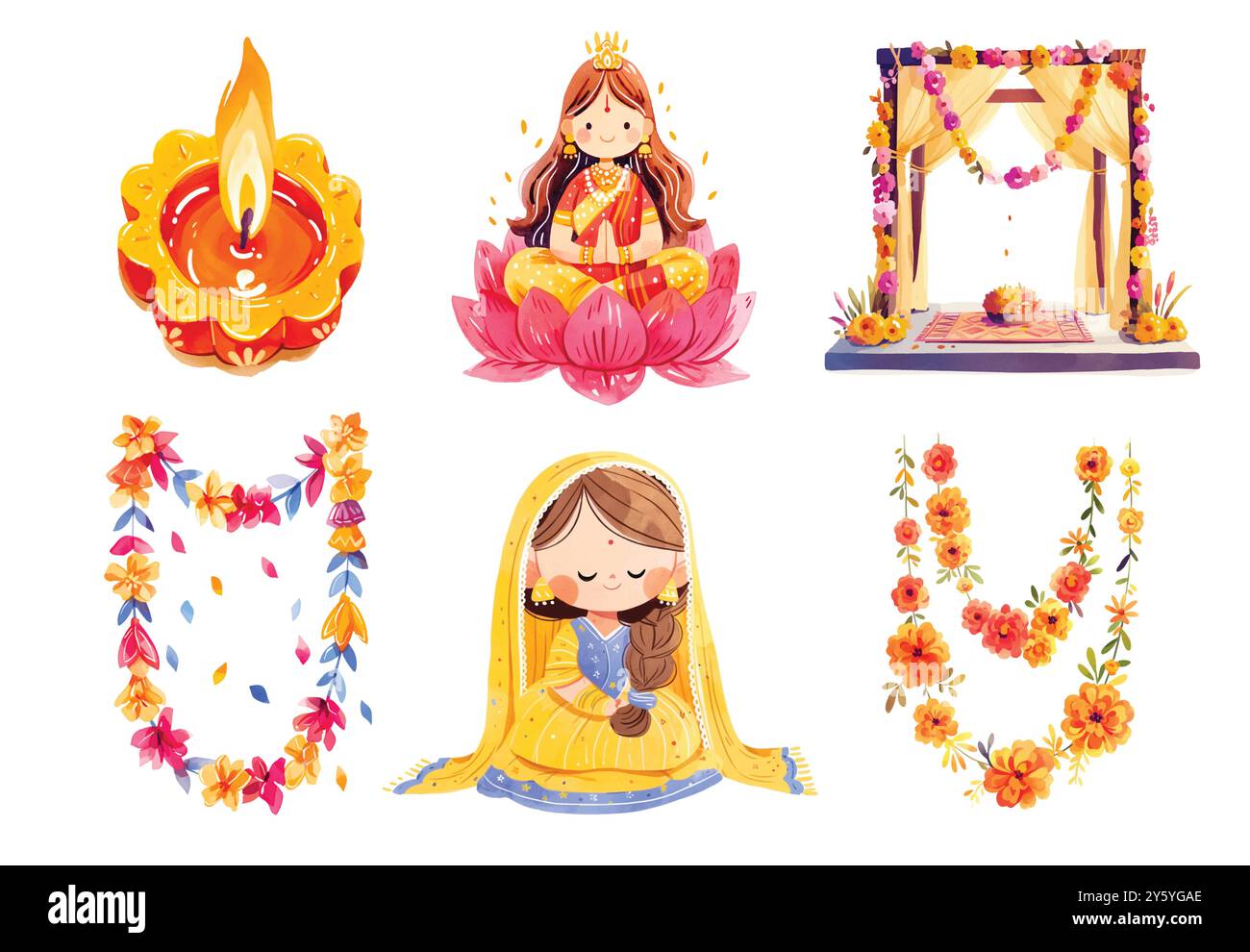 Diwali clipart Set. Watercolor illustration of Diwali symbols and ...