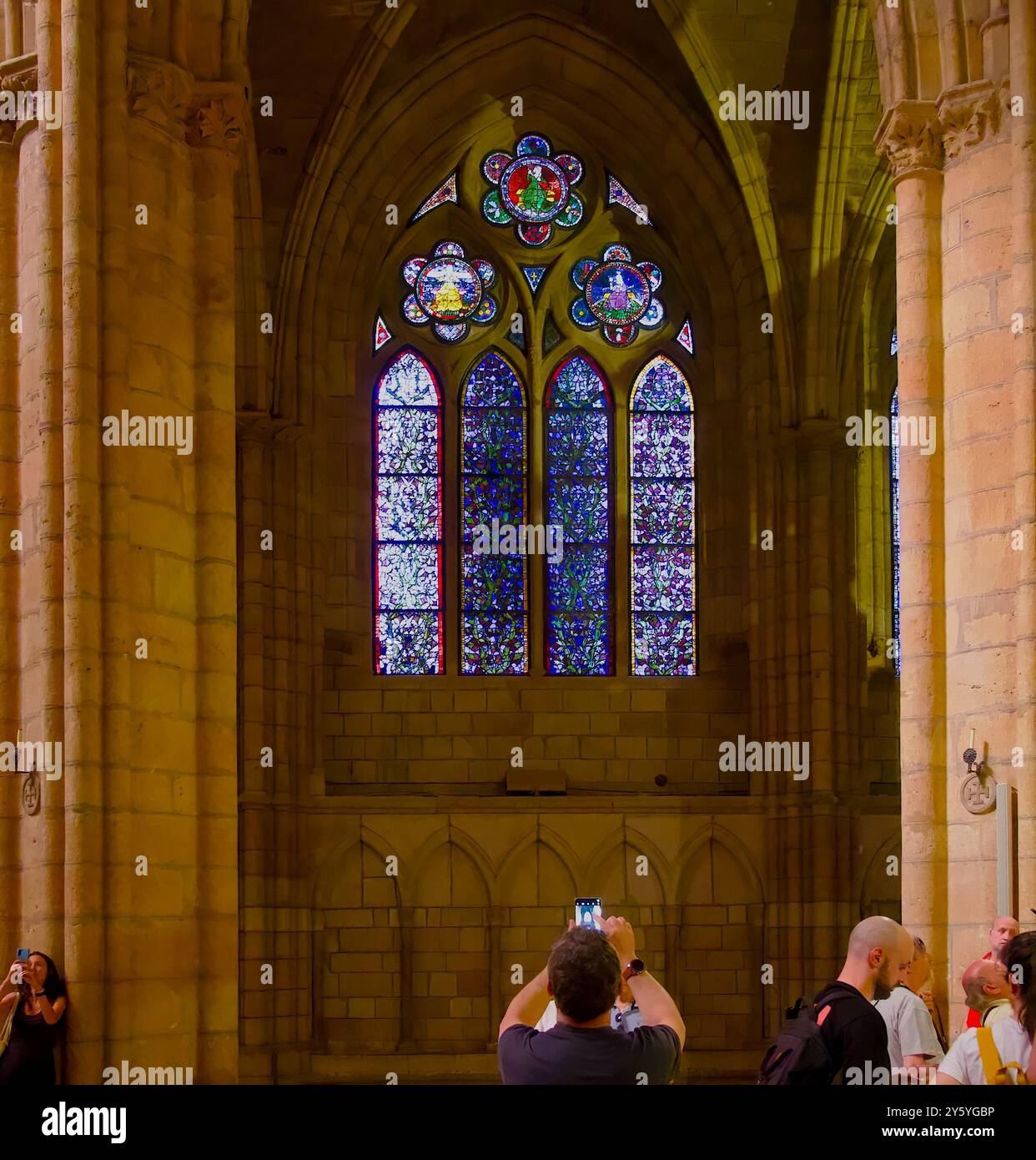 Interior view of one of the stained glass arch windows in a chapel in ...