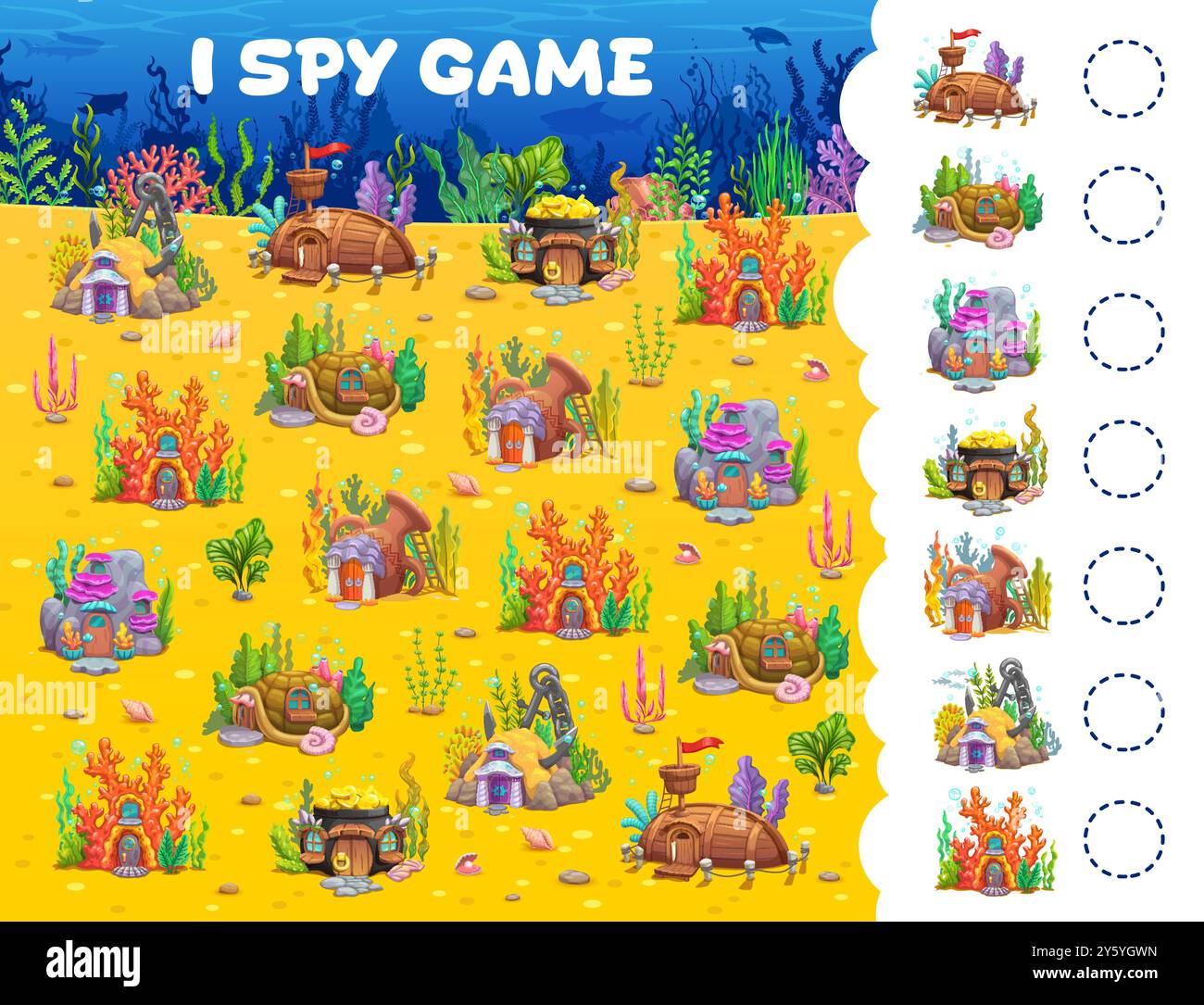 I spy game worksheet, underwater cartoon houses on sea bottom puzzle ...