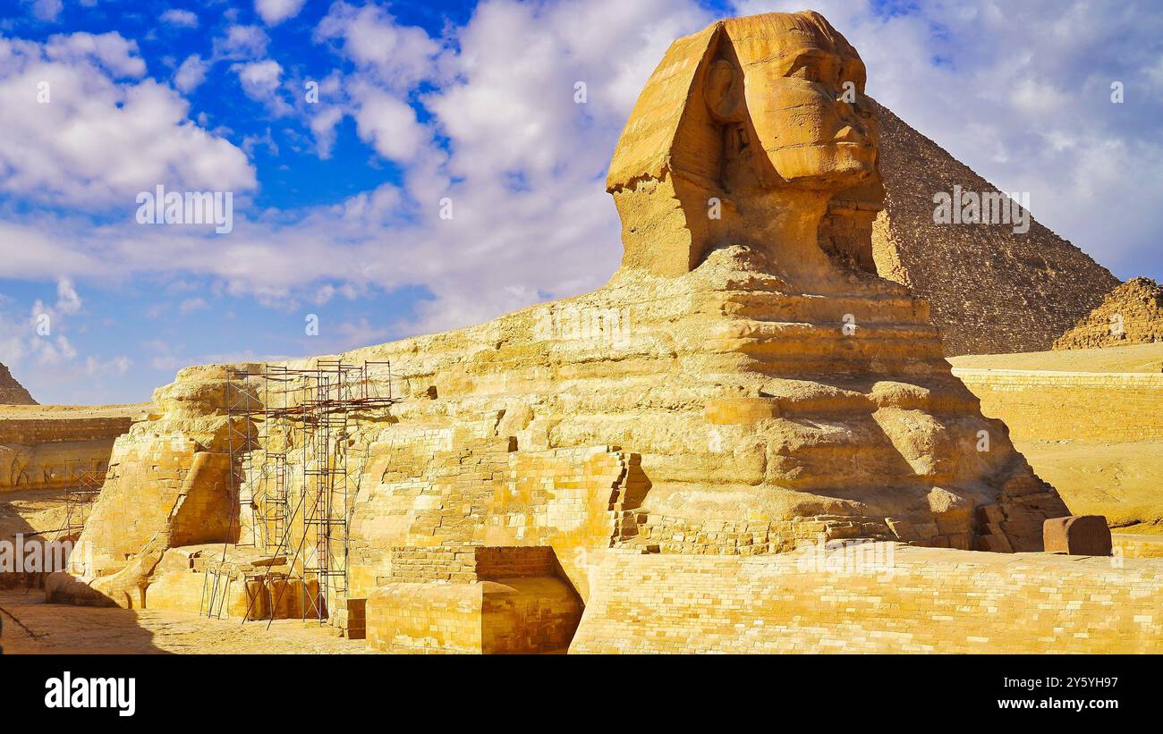 A grand view of the Great Sphinx of Giza with scaffolding for ...